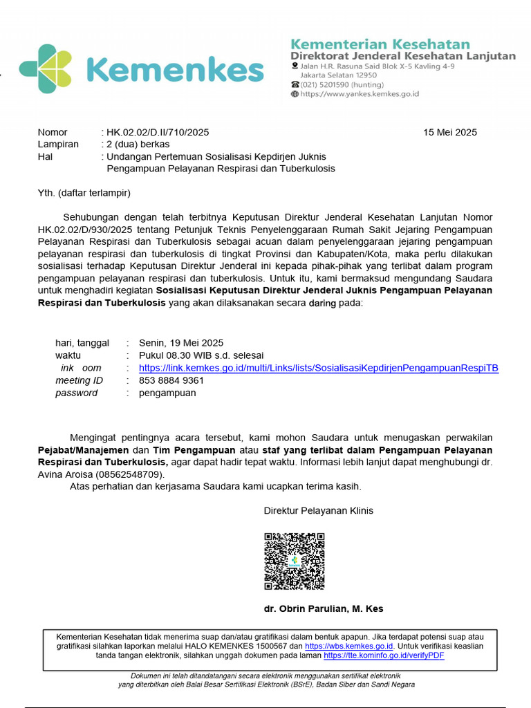 200525daring - Surat Undangan Sosialisasi Juknis Pengampuan Respi TB | PDF