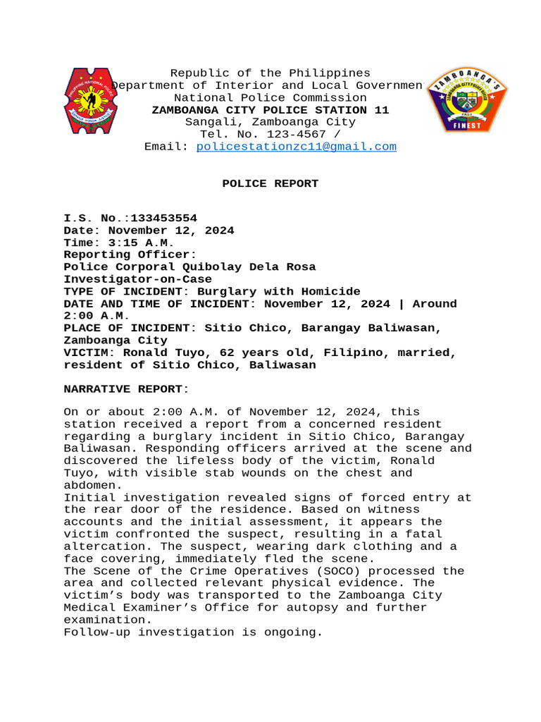 Zamboanga City Burglary Homicide Report | PDF