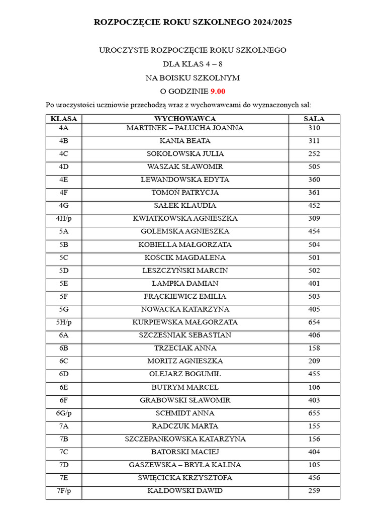 Harmonogram Rozpoczęcia Roku 2024 - 2025 | PDF