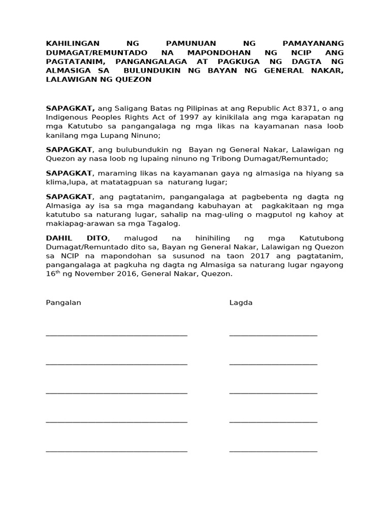 Kahilingan NG Pamunuan NG Pamayanang Dumagat | PDF