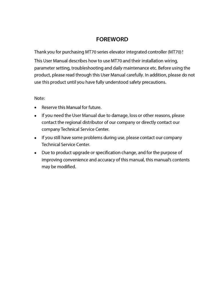 MT70 Series Elevator Integrated Controller User Manual (V1 | PDF | Elevator | Computer Terminal