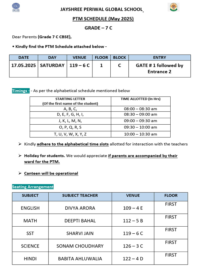 PTM Schedule - Grade 7 C Cbse - May 2025 | PDF