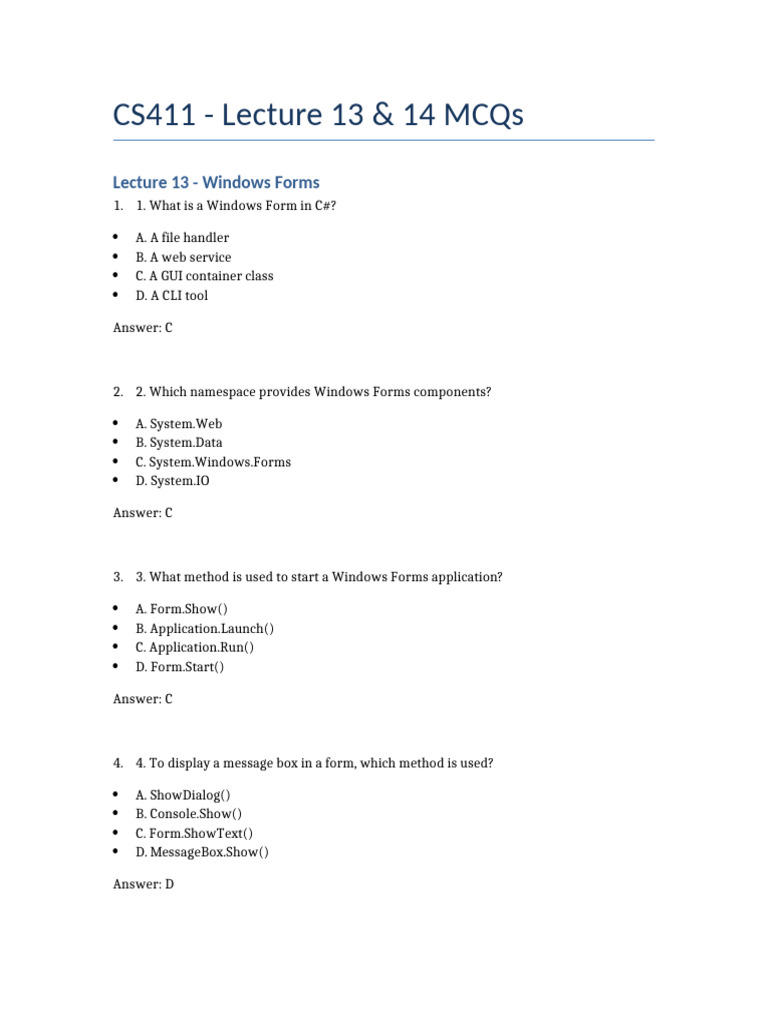 CS411 Lecture 13 and 14 MCQs | PDF
