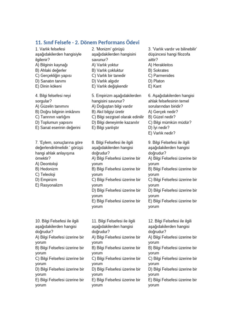 Felsefe 50 Soru Performans | PDF