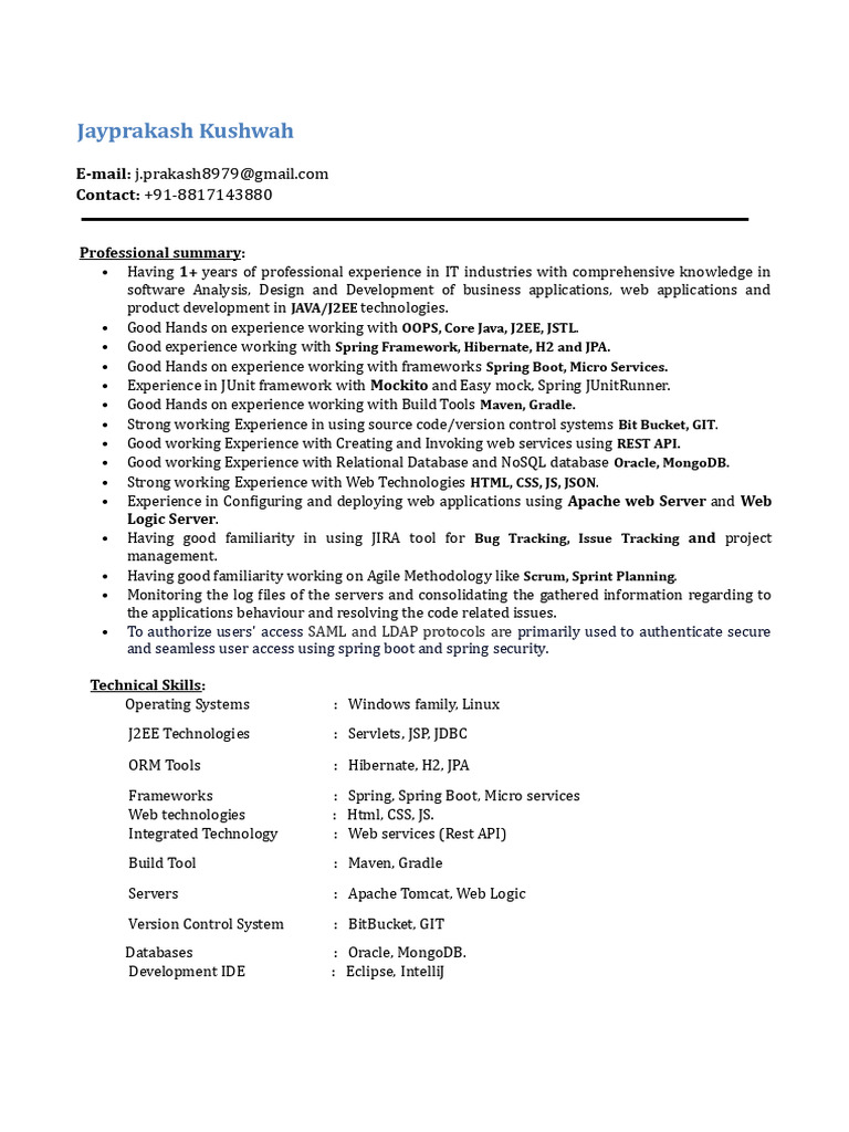 Jayprakash Kushwah Resume | PDF | Java (Programming Language) | Eclipse (Software)
