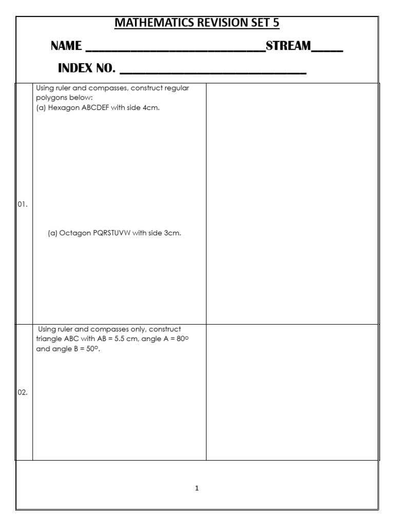 Mathematics Revision Set 5 Pdf Area Circle