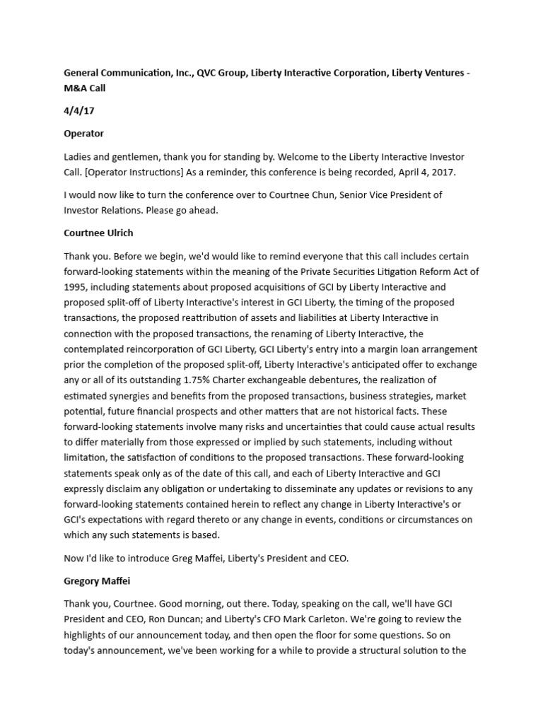 Liberty Interactive and GCI M&A Call Summary | PDF | Equity (Finance ...