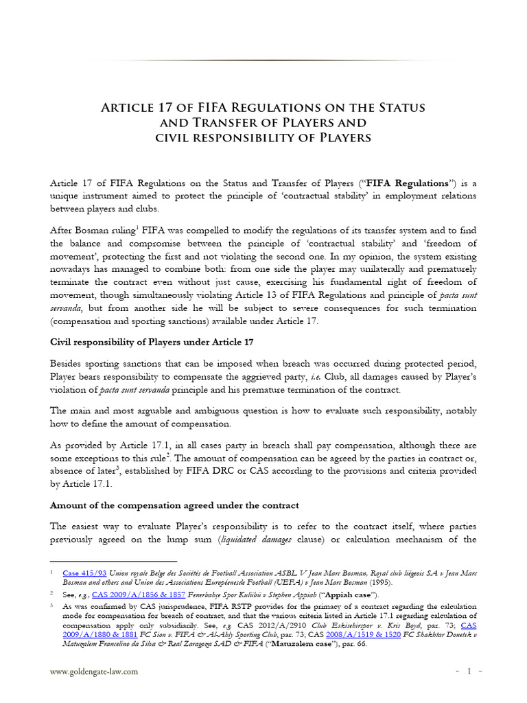 FIFA Article 17: Contractual Stability | PDF | Breach Of Contract | Damages