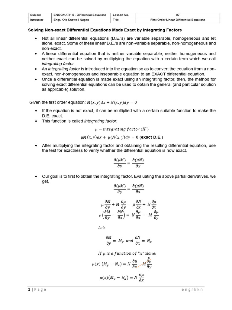 Lesson 7 - Linear Differential Equations (1) | PDF | Equations | Algebra