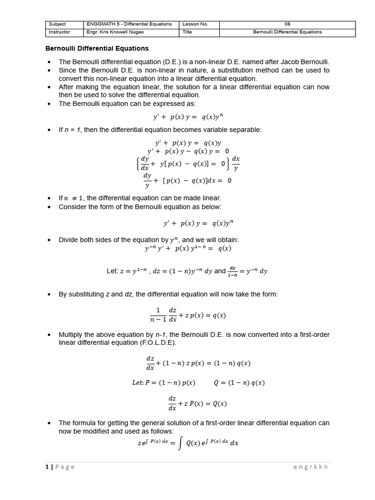 Bernoulli Differential Equations Explained | PDF | Equations ...