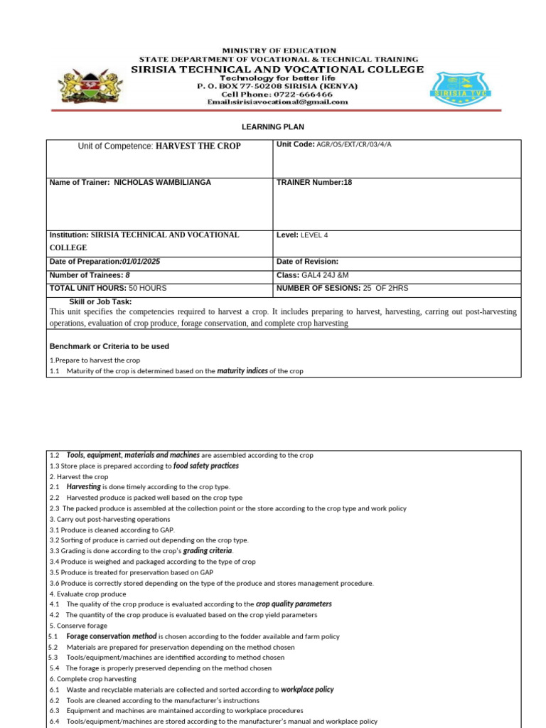 Crop Harvesting Learning Plan | PDF | Learning | Harvest