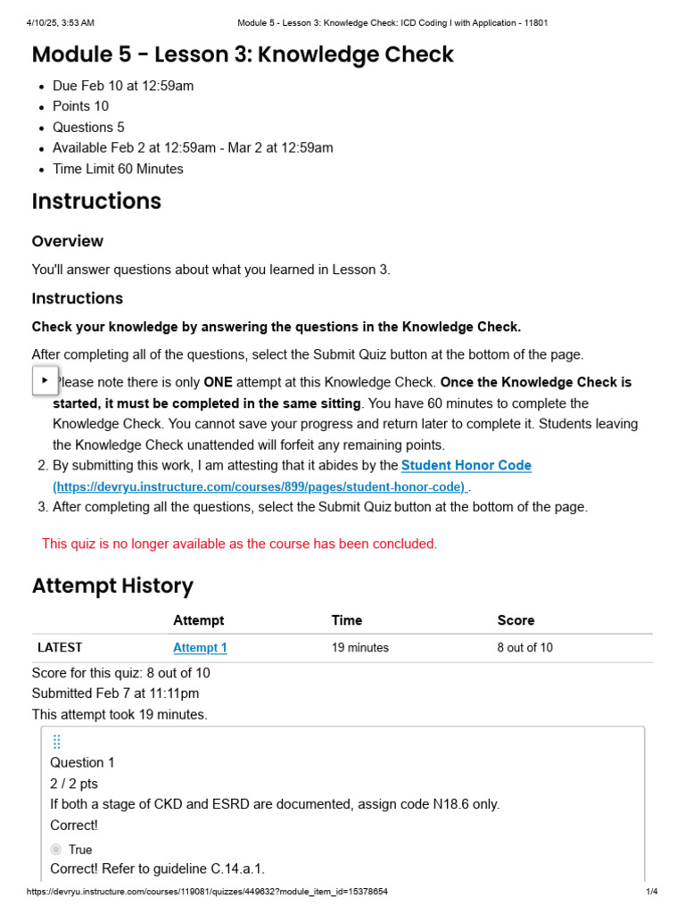 Module 5 - Lesson 3 - Knowledge Check - ICD Coding I With Application ...