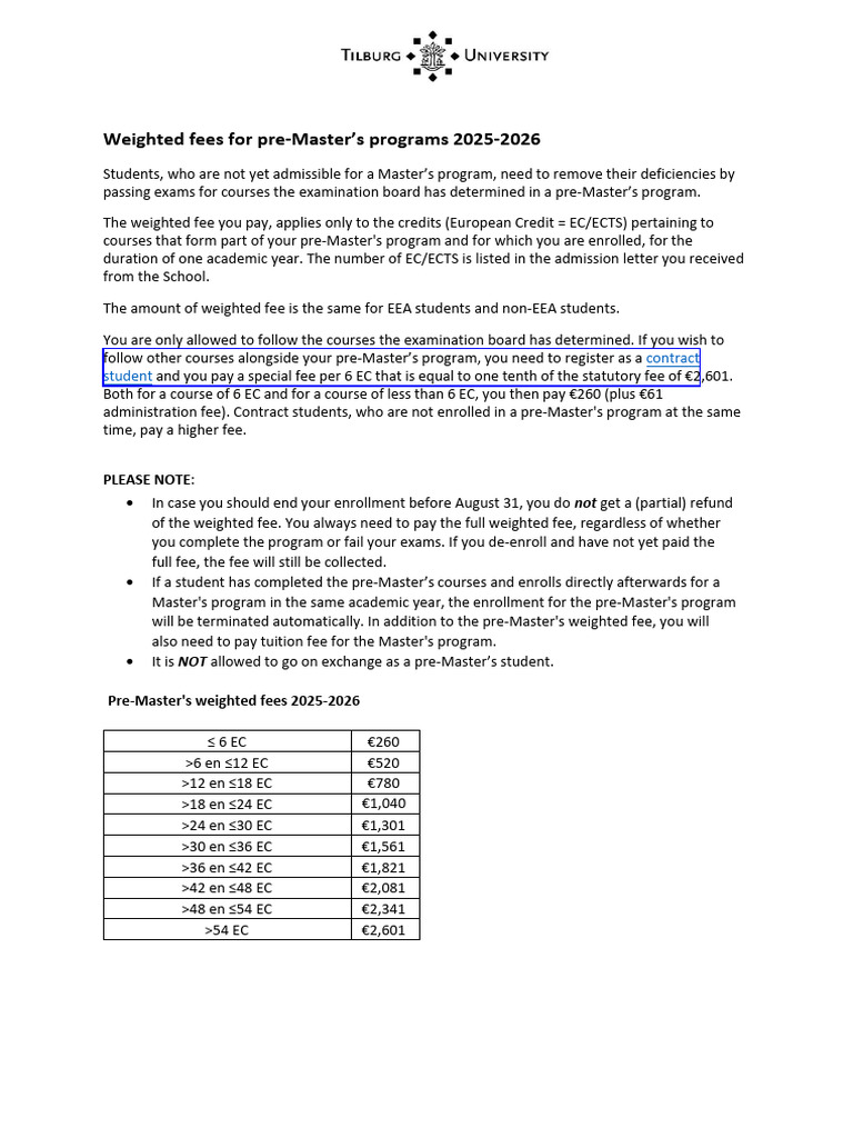 Pre-Master's Program Fees 2025-2026 | PDF
