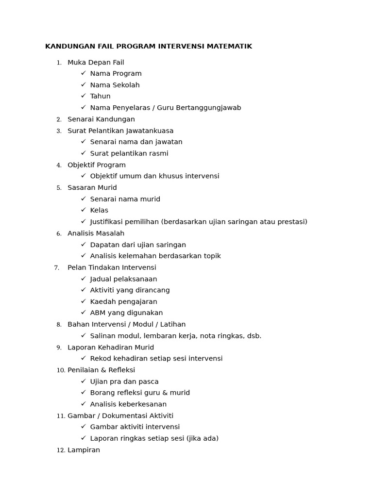 Kandungan Fail Program Intervensi Matematik | PDF