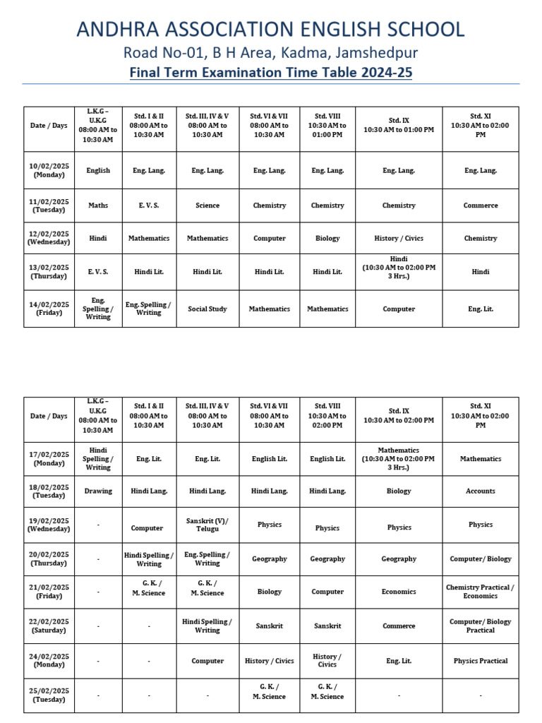 Final Terminal Examination Timetable 2024-25 | PDF