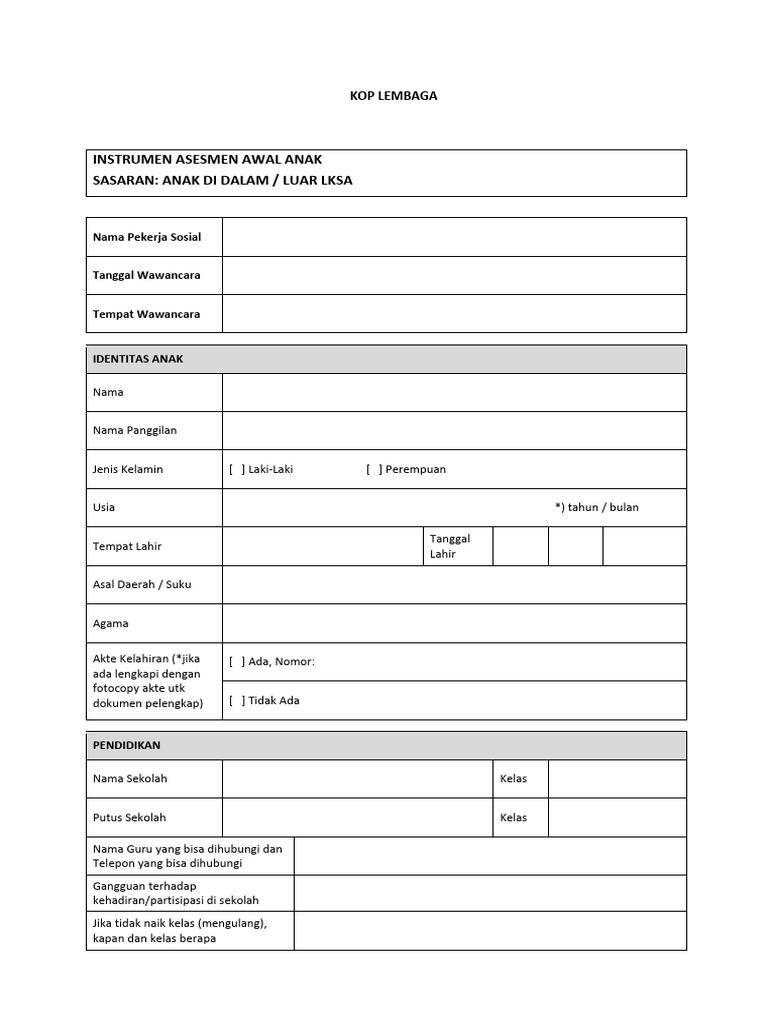 Form Asesmen Awal Anak Ke Lks | PDF