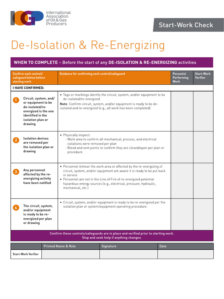 De-Isolation & Re-Energizing Checklist | PDF | Safety