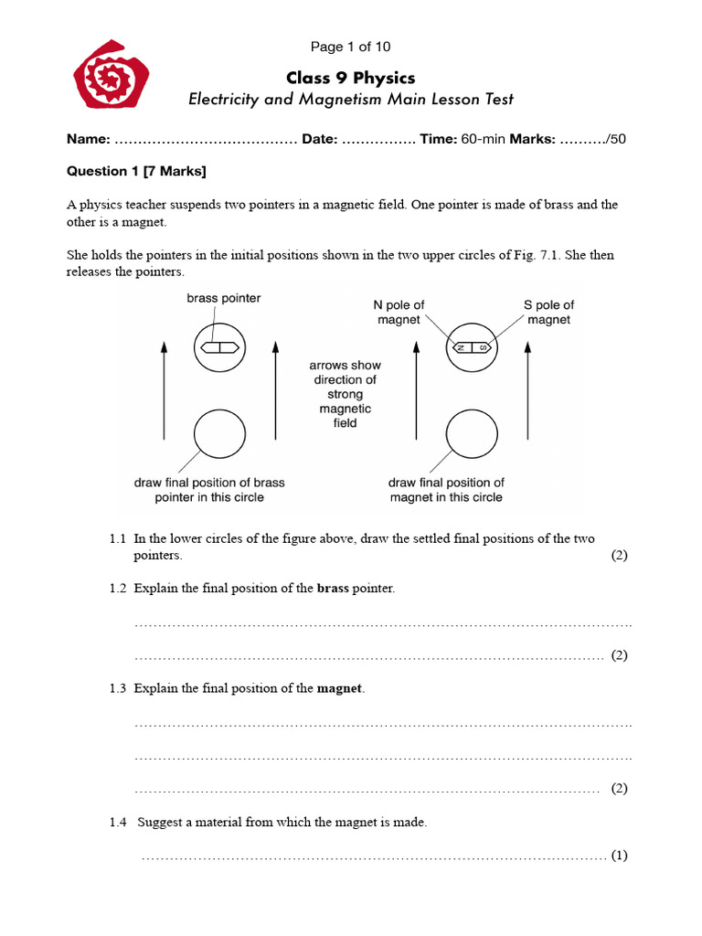 Grade 9 Electricity and Magnetism Test | PDF | Magnetic Field | Magnet