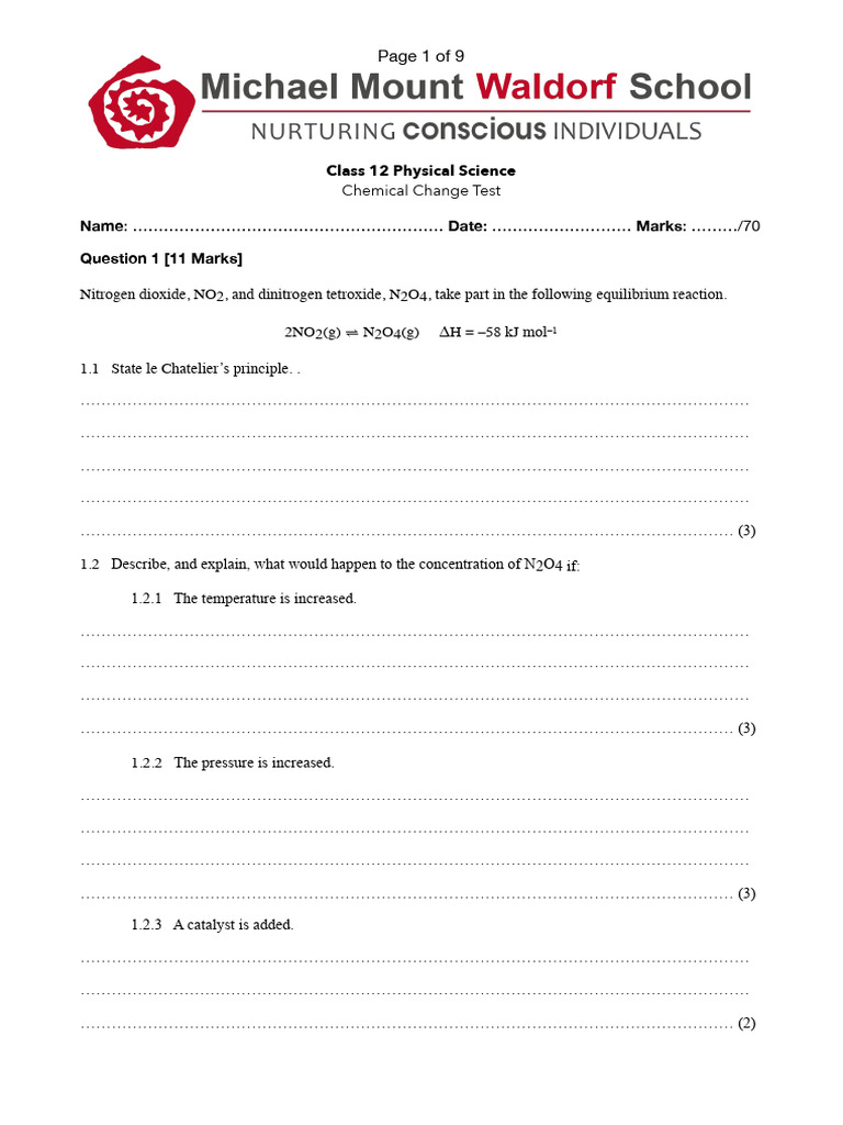 Class 12 Chemical Change Class Test | PDF | Catalysis | Chemical Reactions