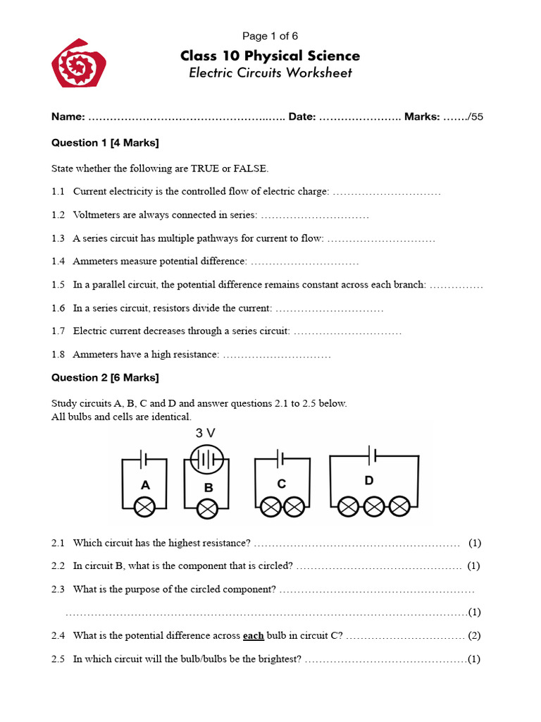 Class 10 Electric Circuits Consolidation Worksheet | PDF | Series And ...