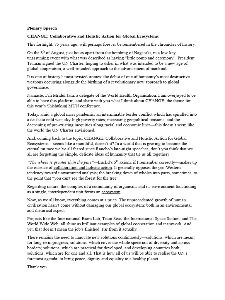 MUN 2022 Plenary Speech | PDF