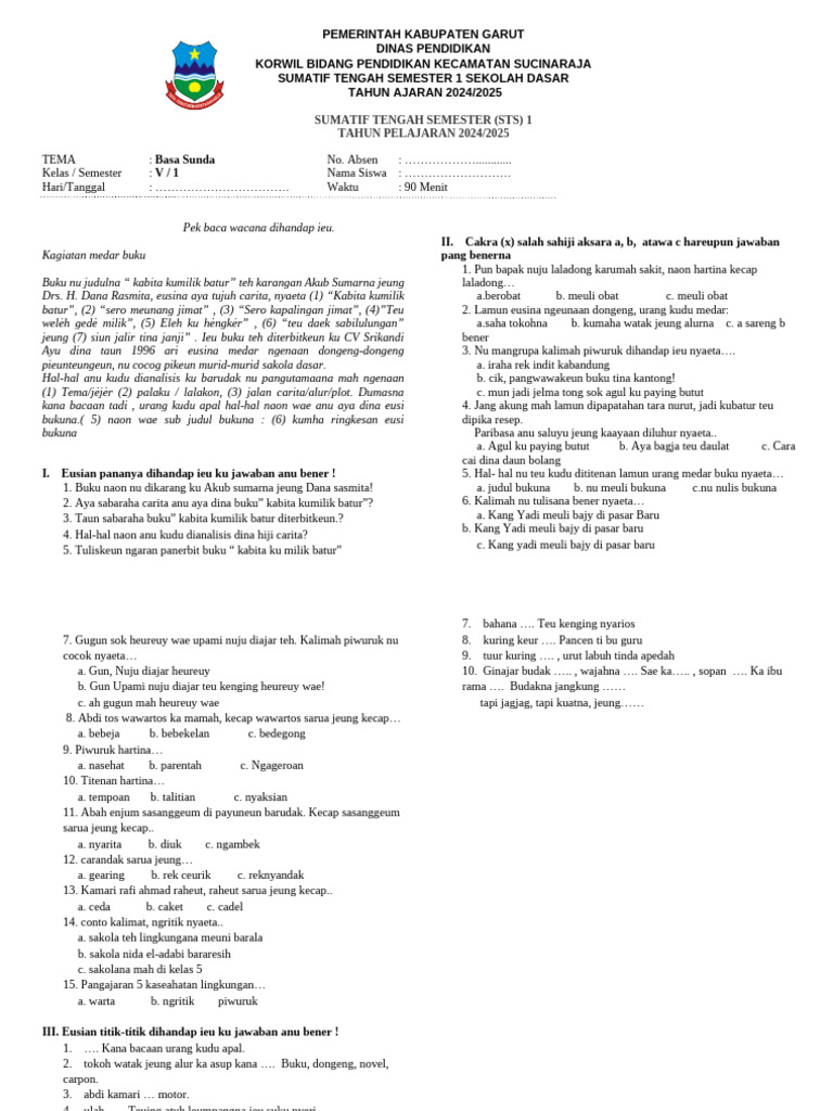 Soal PTS Bahasa Sunda Kelas 5 Sem 1 | PDF