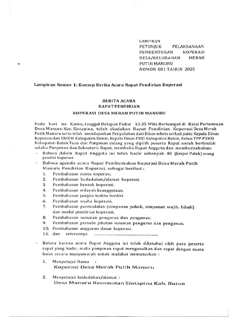 PDF Berita Acara Rapat Pendirian Koperasi Manuru | PDF