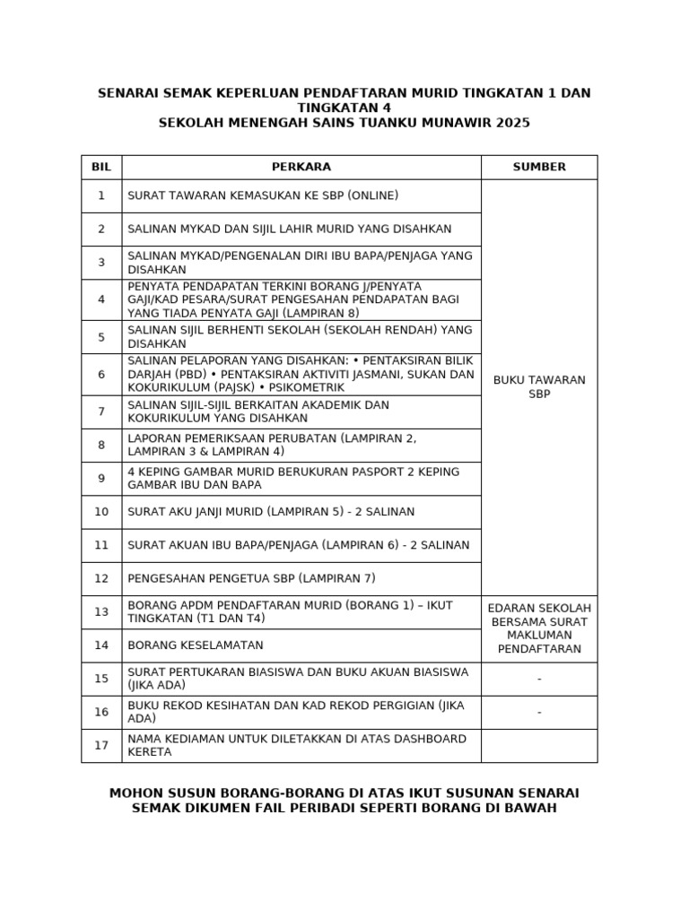 SENARAI_SEMAK_KEPERLUAN_PENDAFTARAN_MURID_TINGKATAN_1_DAN_TINGKATAN | PDF