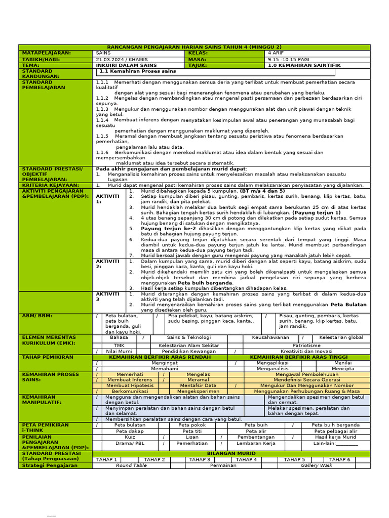 Rancangan Pengajaran Sains Tahun 4 | PDF