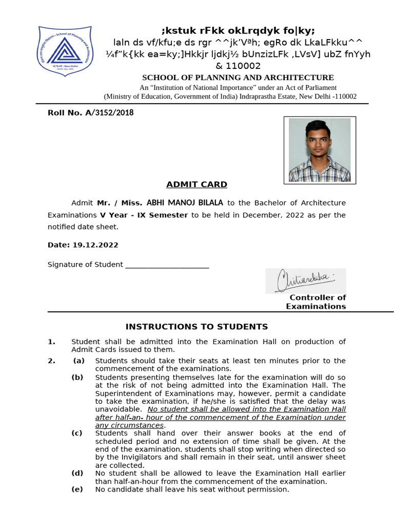 B.arch IX Sem Admit Card, Dec 2022 | PDF