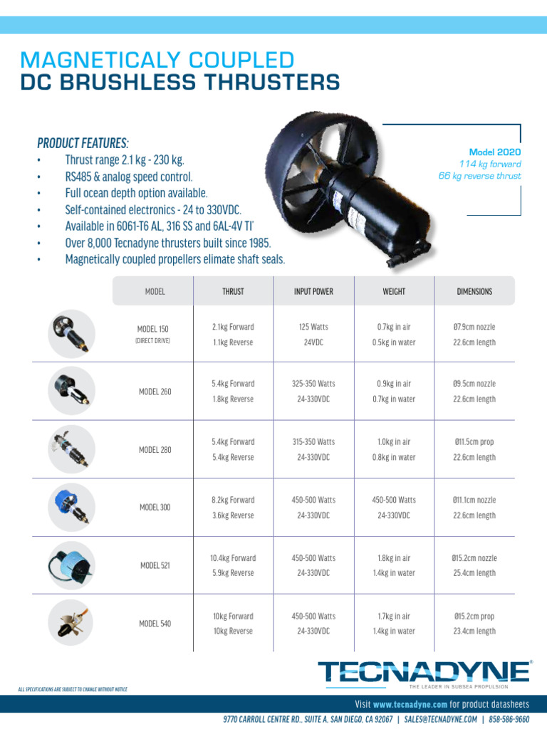 Tecnadyne Thrusters Specifications Guide | PDF | Rocket Engine | Thrust