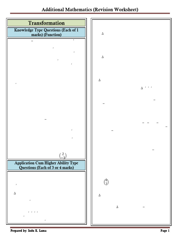 Revision Worksheet (Transformation and Vector) - Grade IX | PDF ...