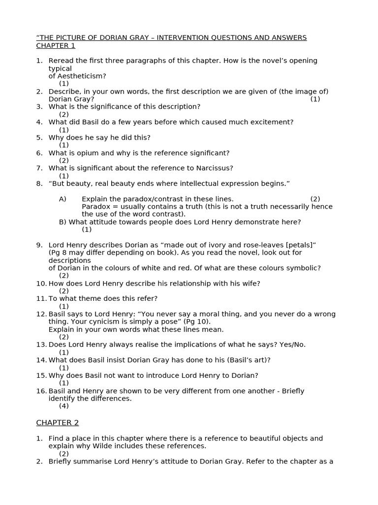 DORIAN GRAY CHAPTER 1-10 Intervention Questions and Answers | PDF | The ...
