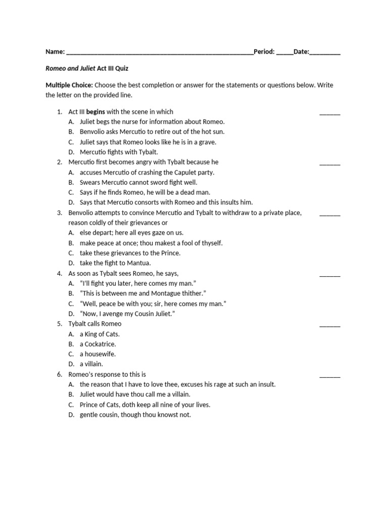 Romeo and Juliet Act III Answer Key | PDF | Characters In Romeo And ...