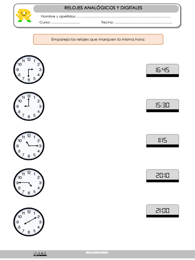 Emparejar Reloj Analogico y Digital | PDF