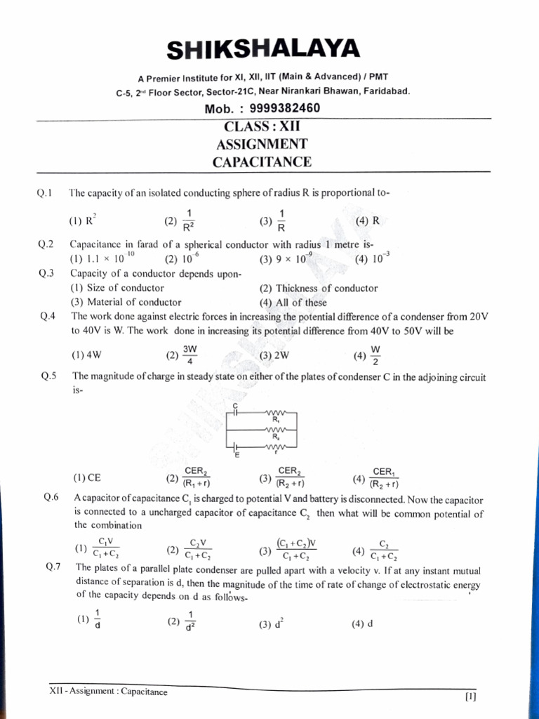 Assignment Class 12th CAPACITANCE | PDF | Capacitor | Capacitance