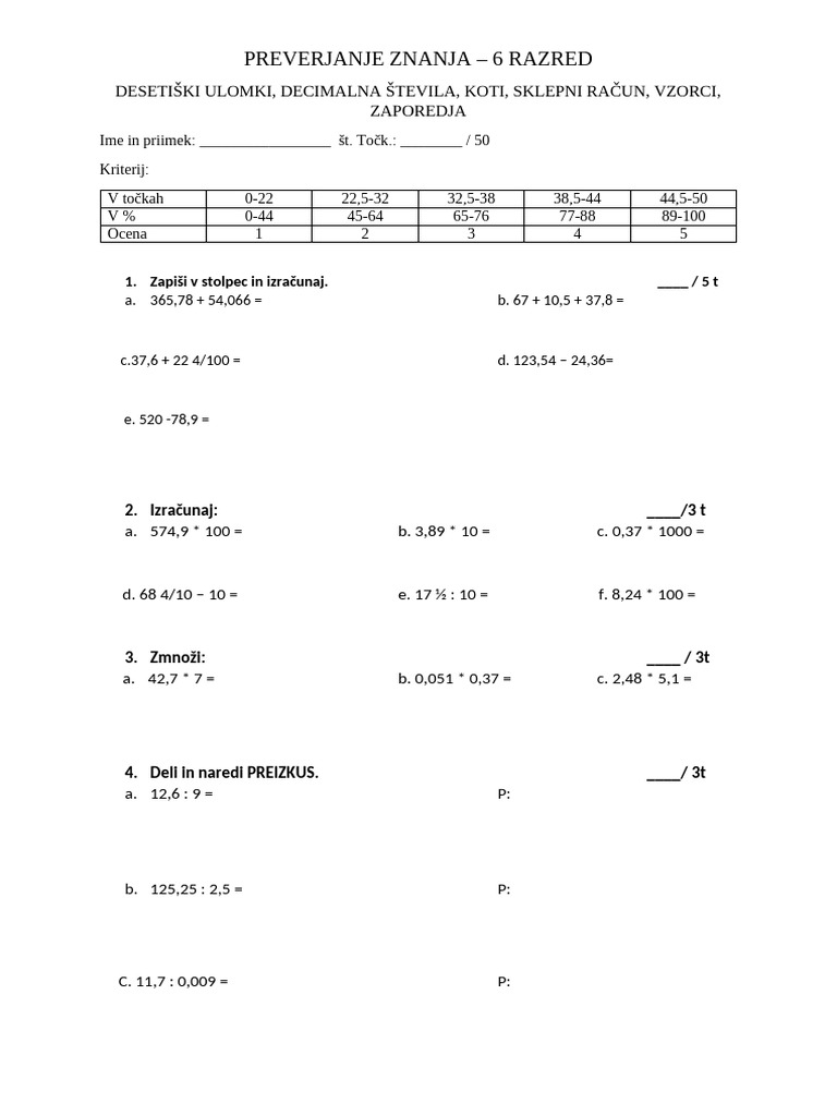 PREVERJANJE ZNANJA - MAREC - Desetiski Ulomki, Decimalna ST, Koti, Sklepni Racuni, Vzorci ...