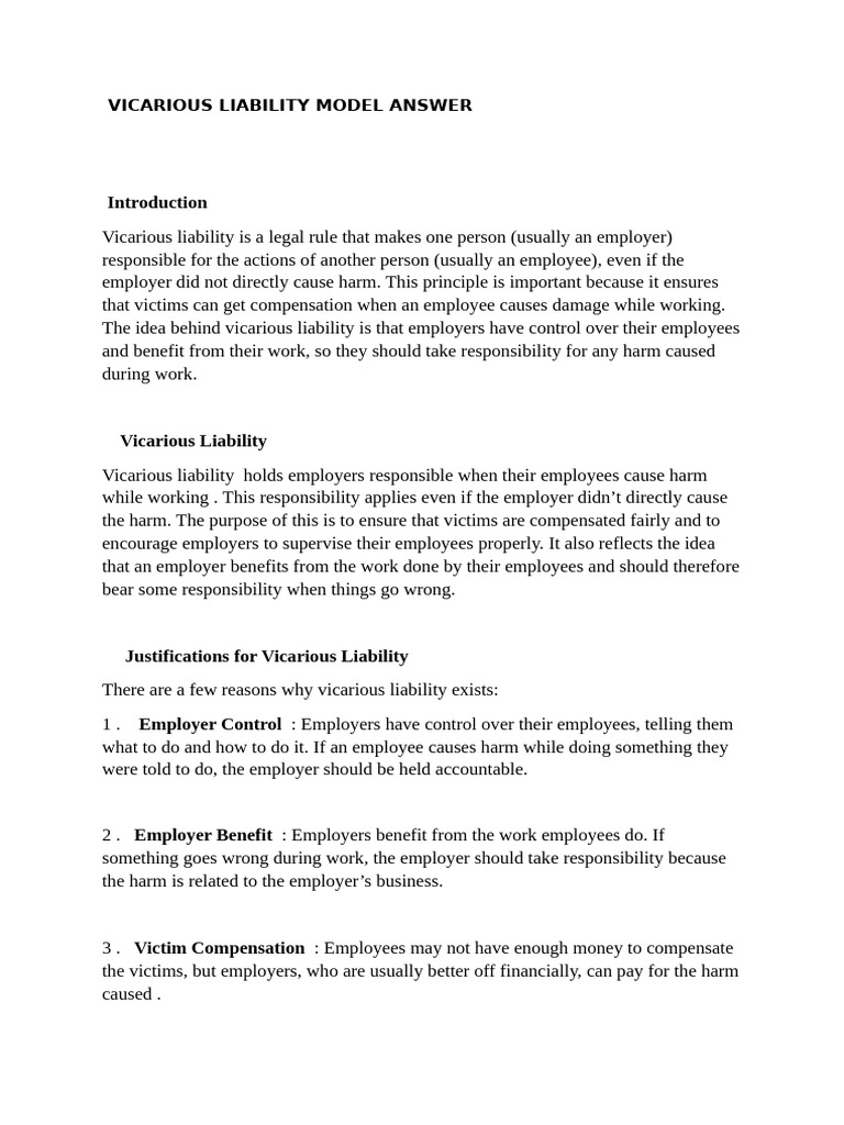 Vicarious Liability Model Answer | PDF | Legal Liability | Tort