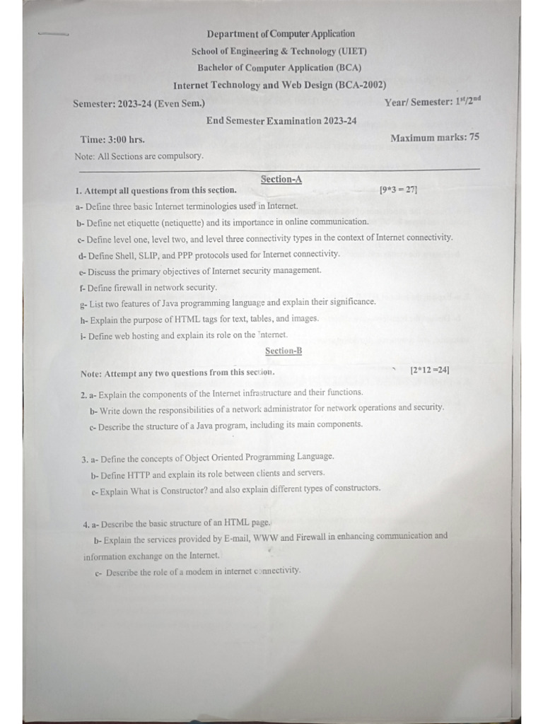Final Year Exam Paper of 2nd Semester (BCA) | PDF
