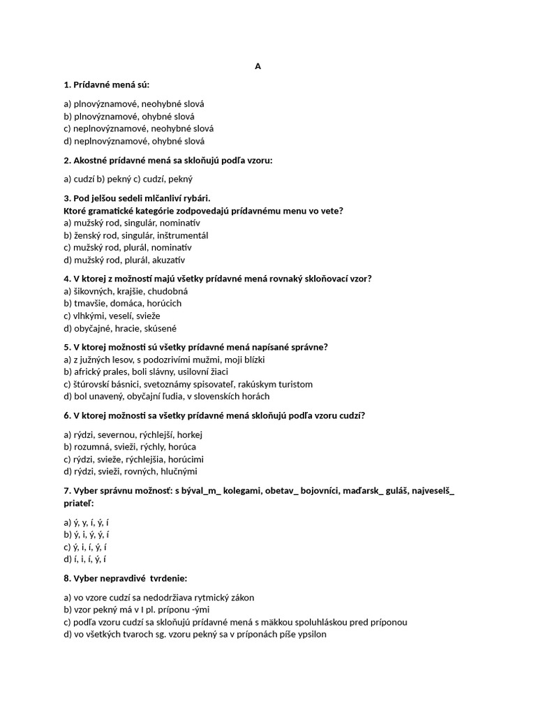 Prídavné Mená - TEST | PDF