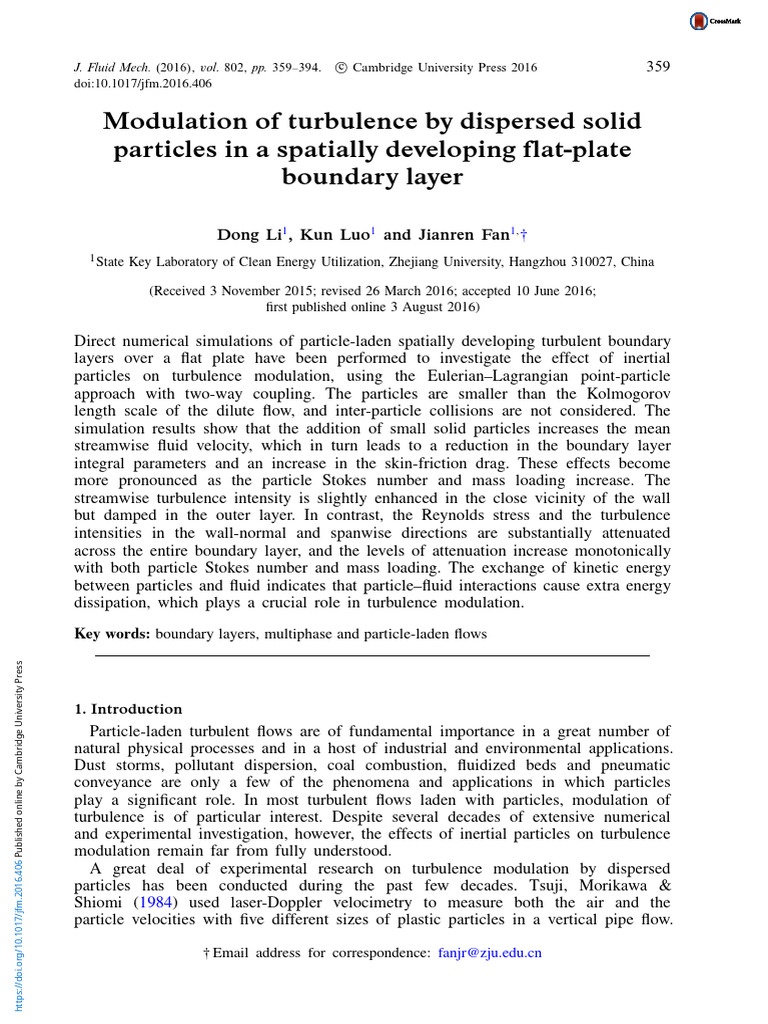 Modulation of Turbulence by Dispersed Solid Particles in A Spatially Developing Flat Plate ...