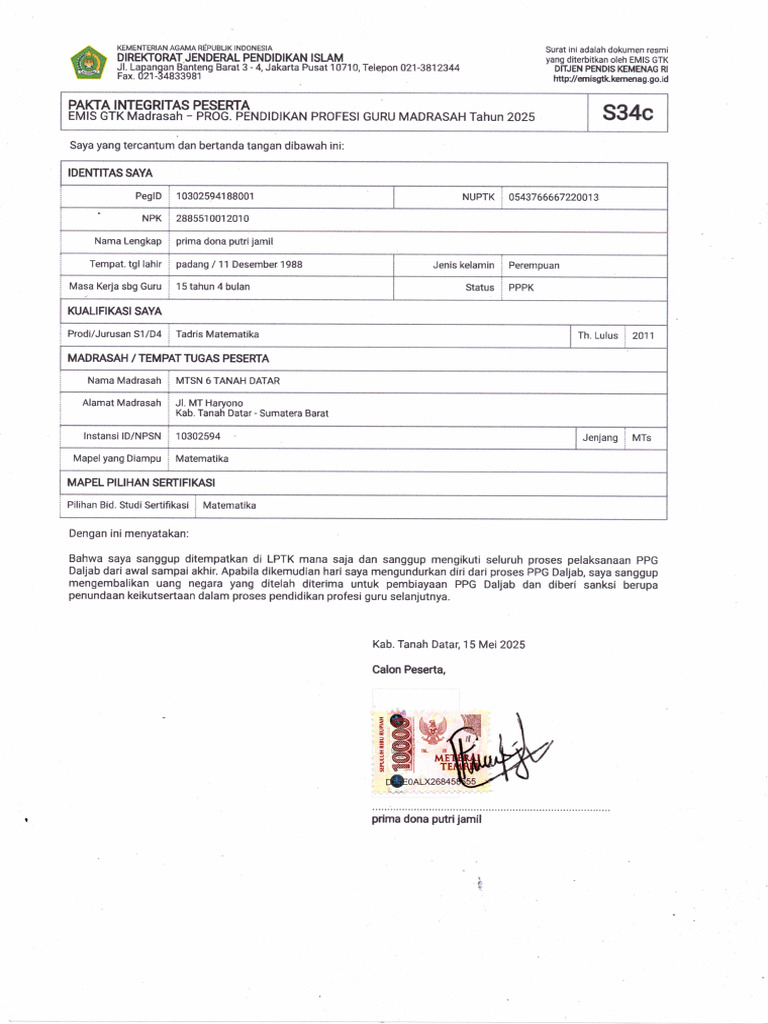 Fakta Integritas PPG_PRIMA DONA PUTRI JAMIL | PDF