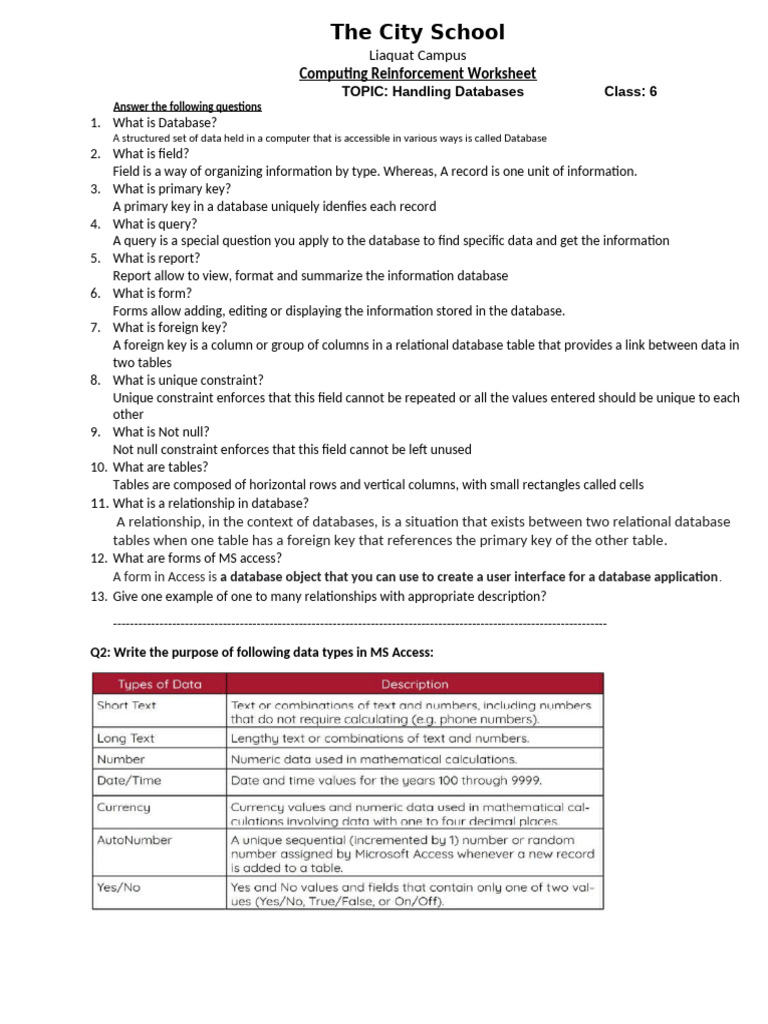 Handling Database ws#2 answer key (1) The city school | PDF | Relational Database | Databases
