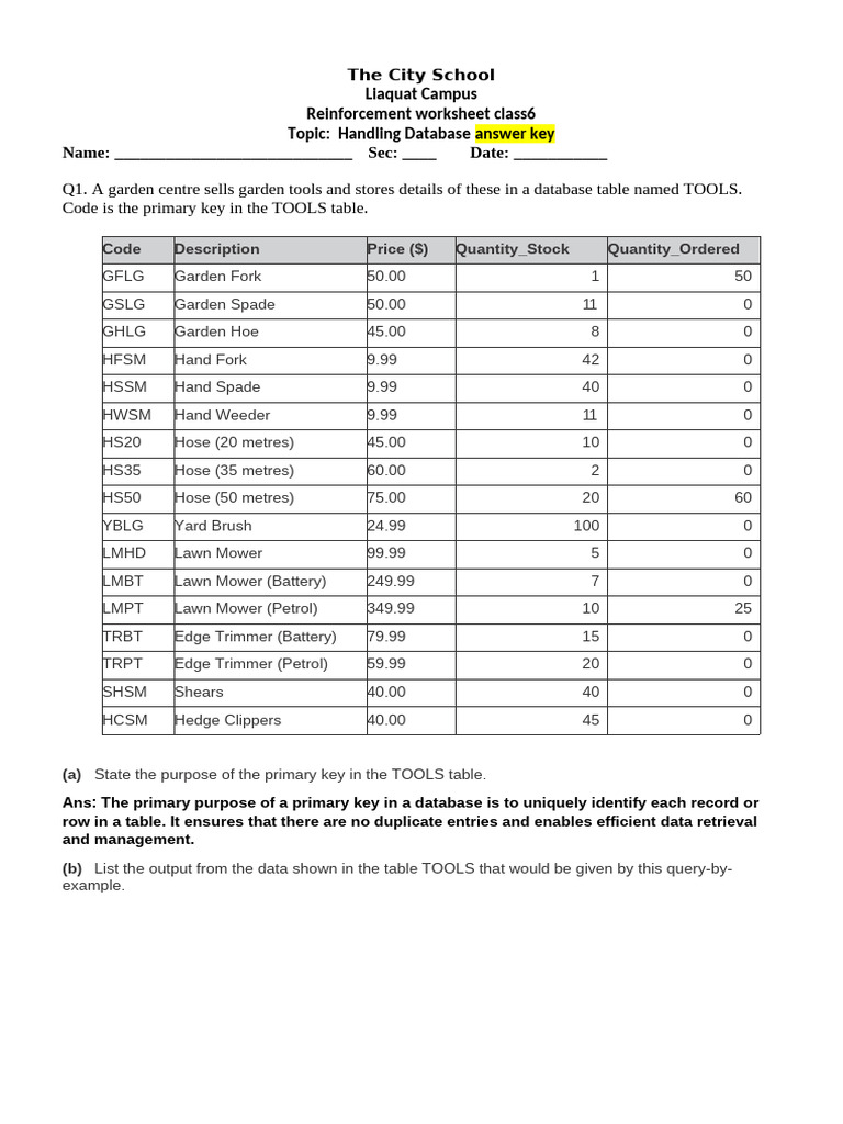 Handling Database ws1 Answer Key Computer (TCS) | PDF | Databases ...