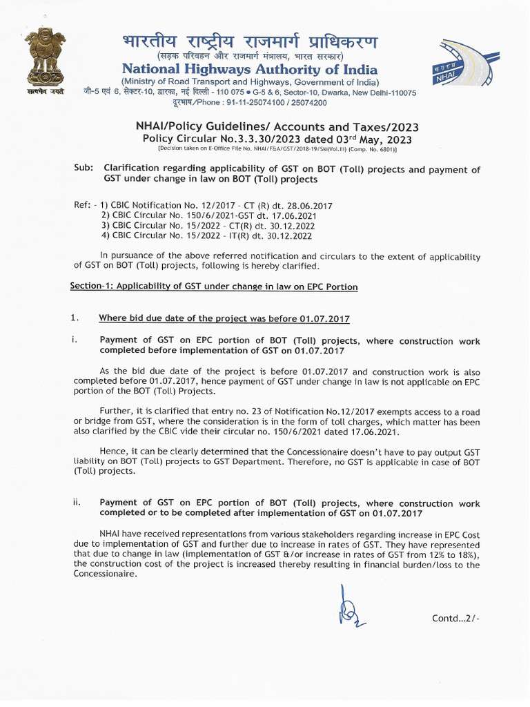 NHAI Circular - BOT - 3.3.30 | PDF