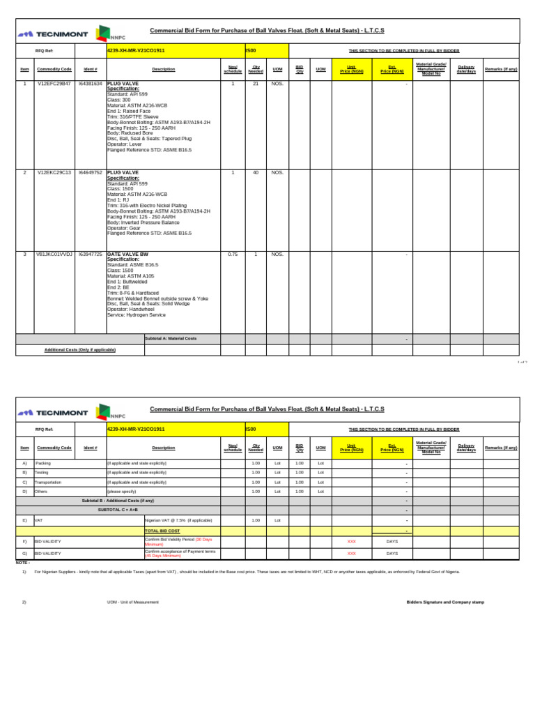 Commercial Bid Form For 4239-XH-MR-V21CO1911 - IS00 | PDF | Valve ...