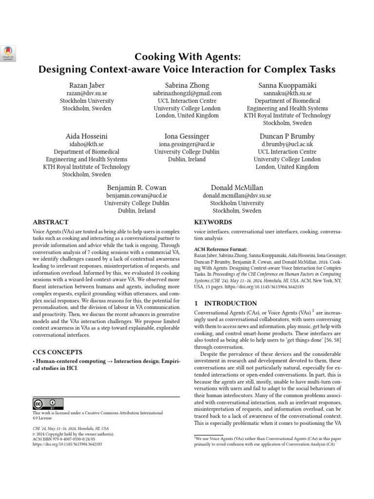 Cooking With Agents Designing Context-Aware Voice Interaction For Complex Tasks | PDF | Human ...