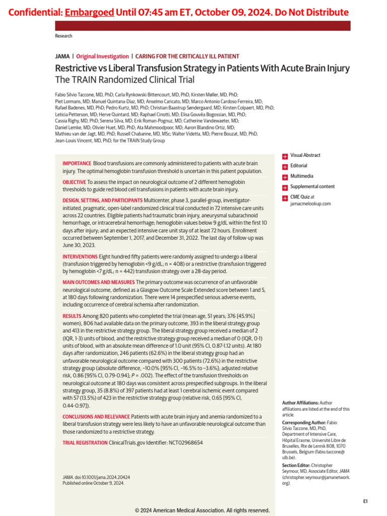 The TRAIN Randomized Clinical Trial: Restrictive Vs Liberal Transfusion ...