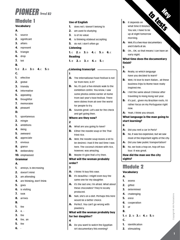 Pioneer-B2-Tests-Key - Module 1 | PDF