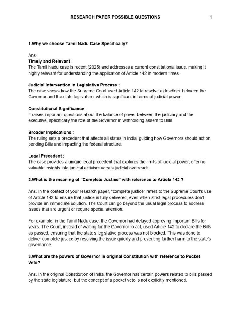 Research Paper Questions | PDF | Bill (Law) | Supreme Court Of The ...